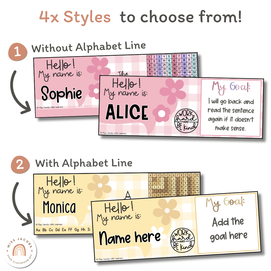 Student Desk Name Plate & Goals Mat - Daisy Gingham Pastels