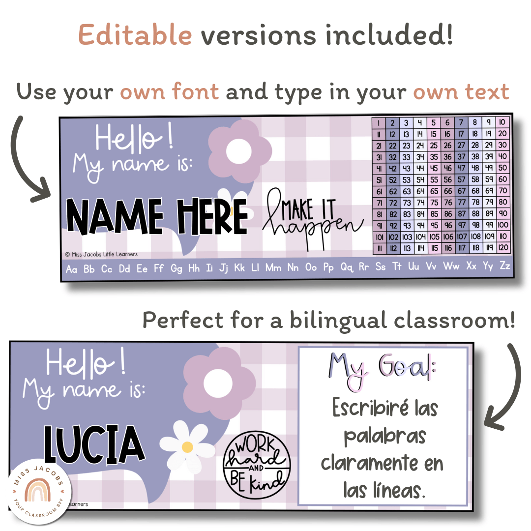 Student Desk Name Plate & Goals Mat - Daisy Gingham Pastels