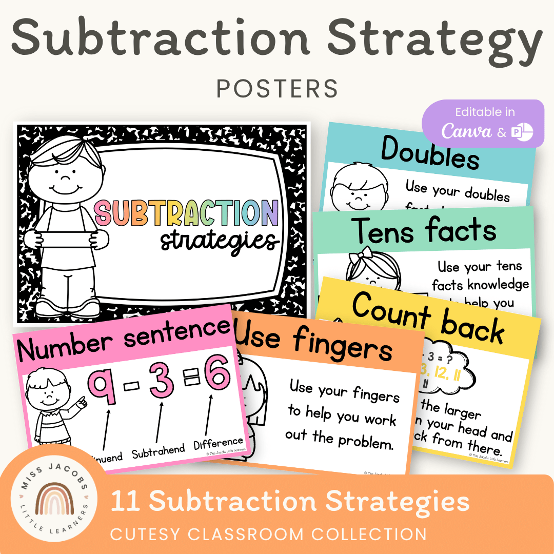 Subtraction Strategies Posters - Cutesy Classroom Theme - Miss Jacobs