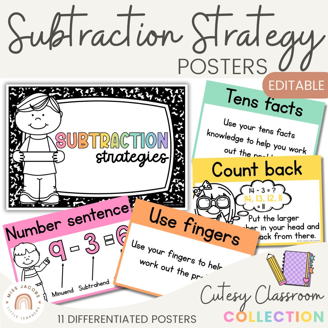 Subtraction Strategies Posters - Cutesy Classroom Theme - Miss Jacobs