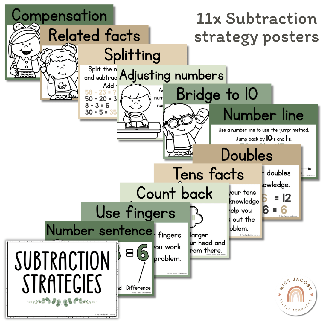 Subtraction Strategies Posters - Modern Botanical Theme - Miss Jacobs