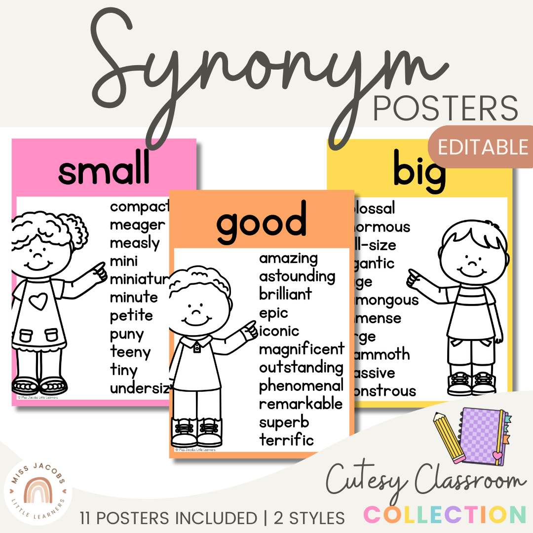 Synonym Posters - Cutesy Classroom Theme - Miss Jacobs