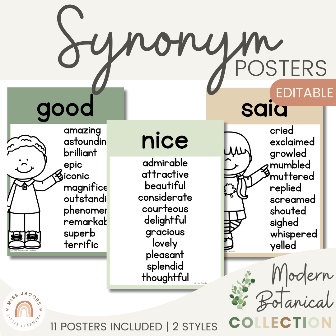 Synonym Posters - Modern Botanical Classroom Theme - Miss Jacobs