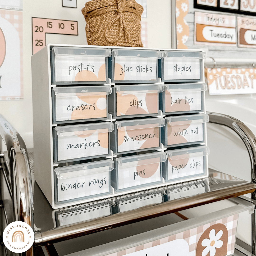 Teacher Toolbox Labels - Daisy Gingham Neutrals Decor