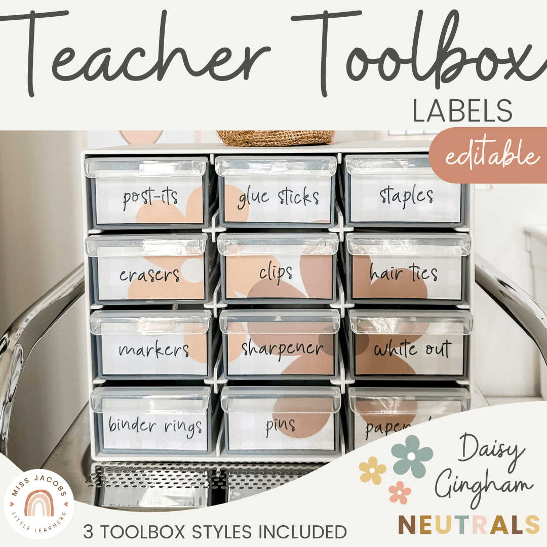 Teacher Toolbox Labels - Daisy Gingham Neutrals Decor