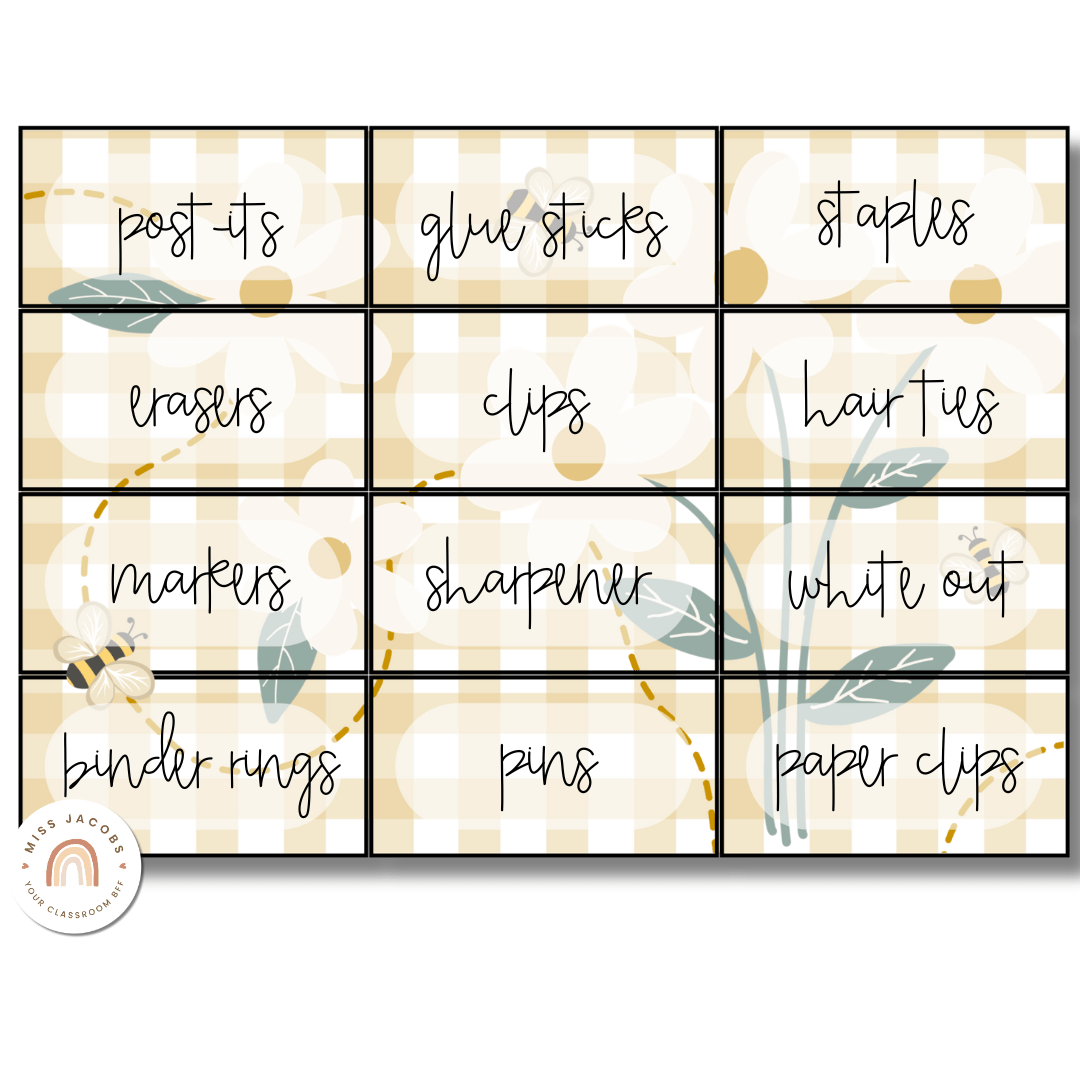 Teacher Toolbox Labels - Daisy Gingham Neutrals Decor