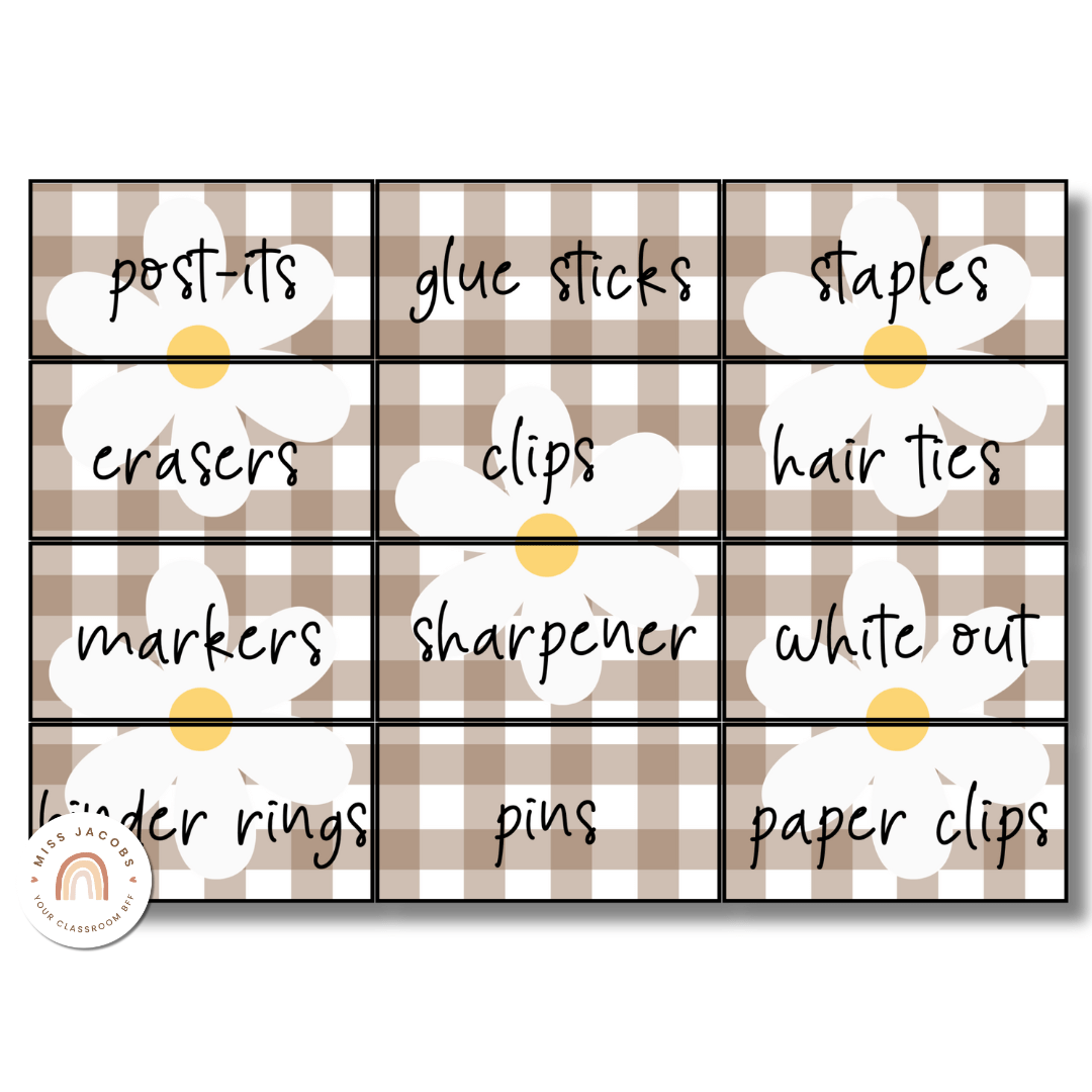 Teacher Toolbox Labels - Daisy Gingham Neutrals Decor