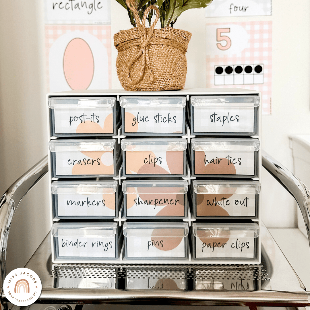 Teacher Toolbox Labels - Daisy Gingham Neutrals Decor