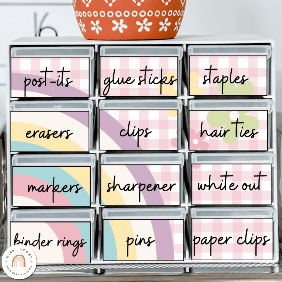 Teacher Toolbox Labels - Daisy Gingham Pastels Decor