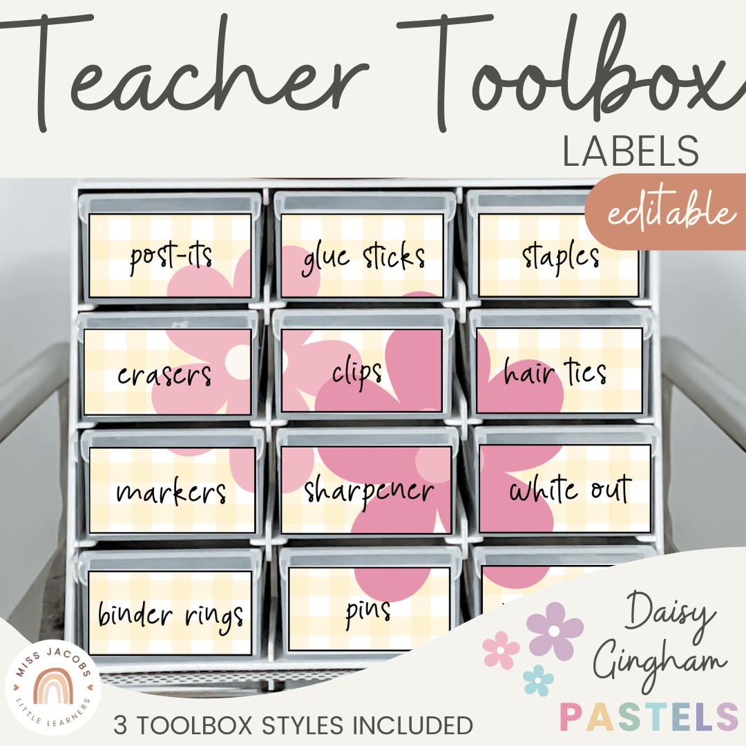 Teacher Toolbox Labels - Daisy Gingham Pastels Decor