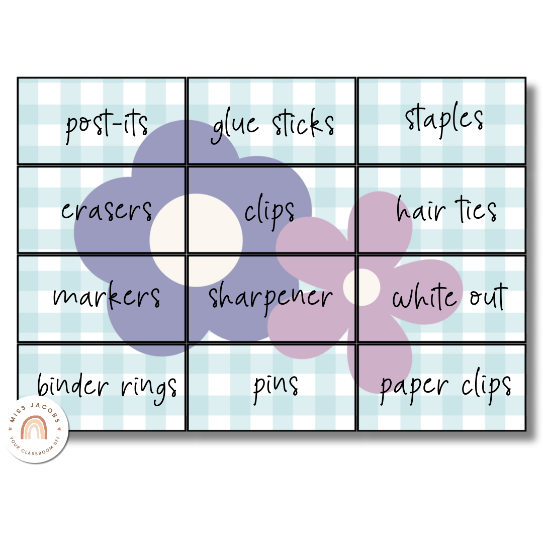 Teacher Toolbox Labels - Daisy Gingham Pastels Decor