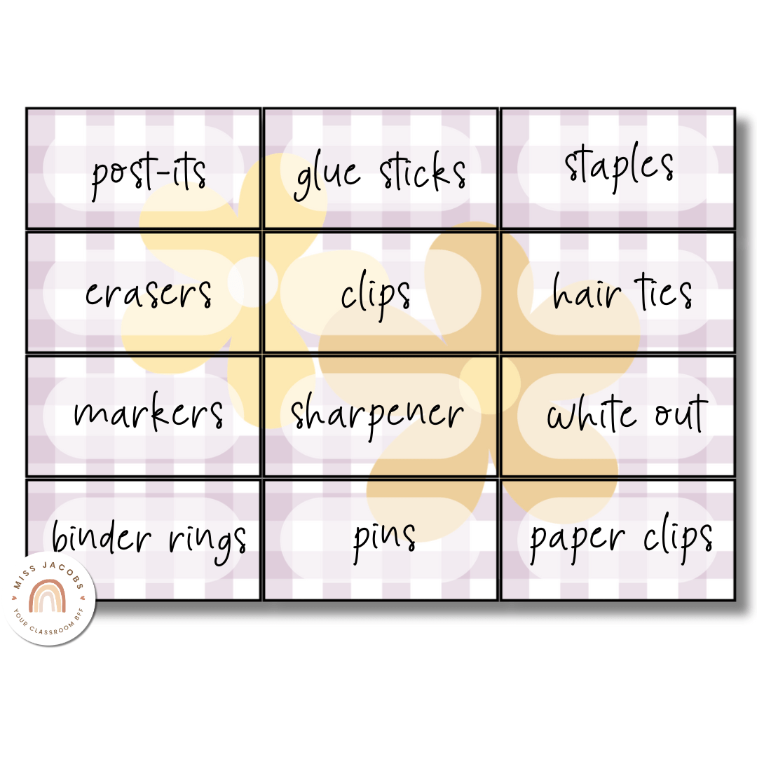 Teacher Toolbox Labels - Daisy Gingham Pastels Decor