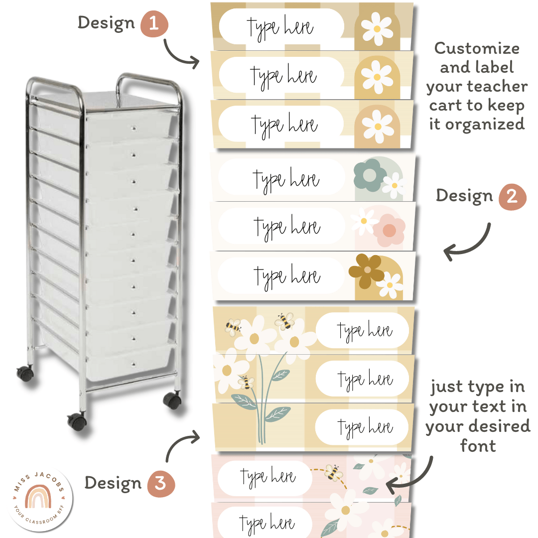Teacher Trolley Labels for Rolling Cart - Daisy Gingham Neutrals