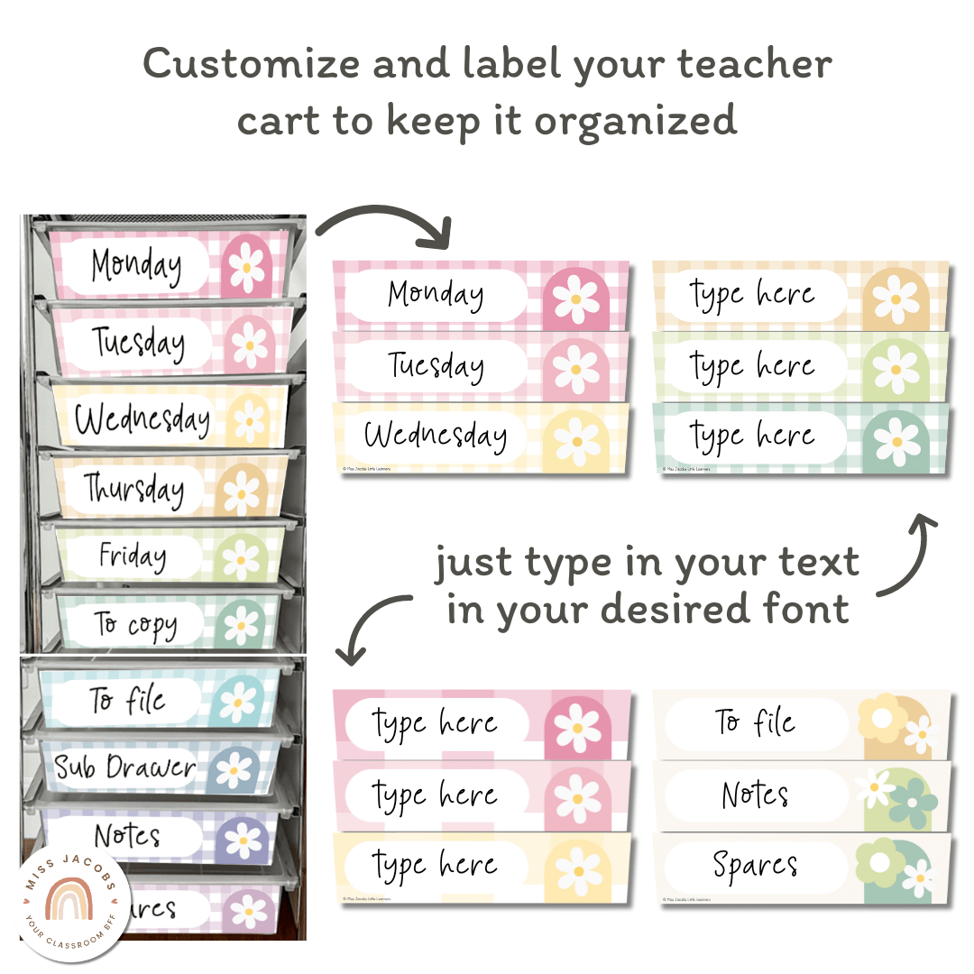 Teacher Trolley Labels for Rolling Cart - Daisy Gingham Pastels Decor