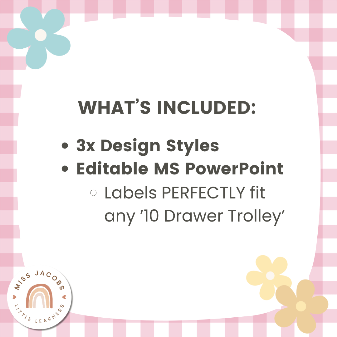 Teacher Trolley Labels for Rolling Cart - Daisy Gingham Pastels Decor