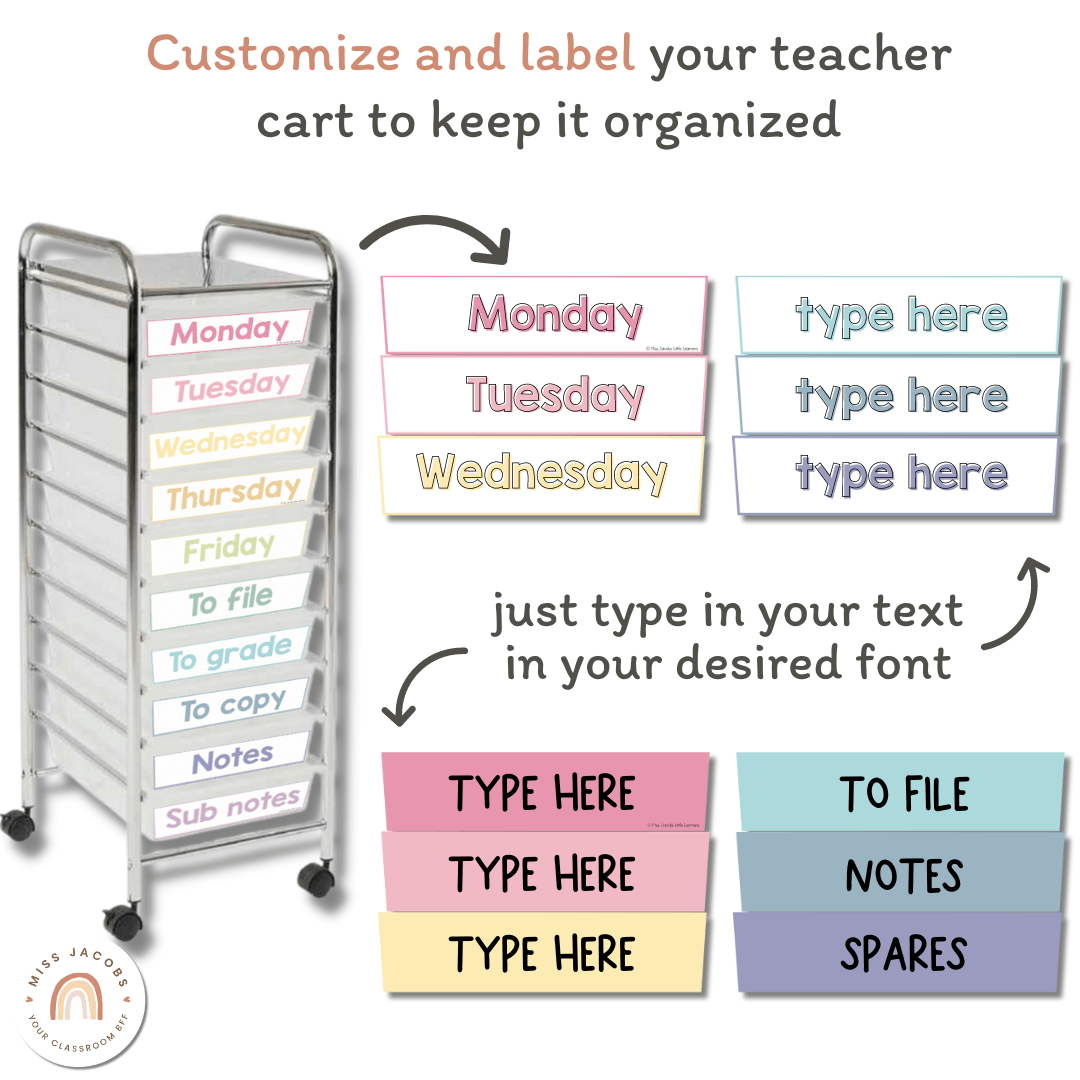 Teacher Trolley Labels for Rolling Cart - Simply Pastel Theme - MJLL