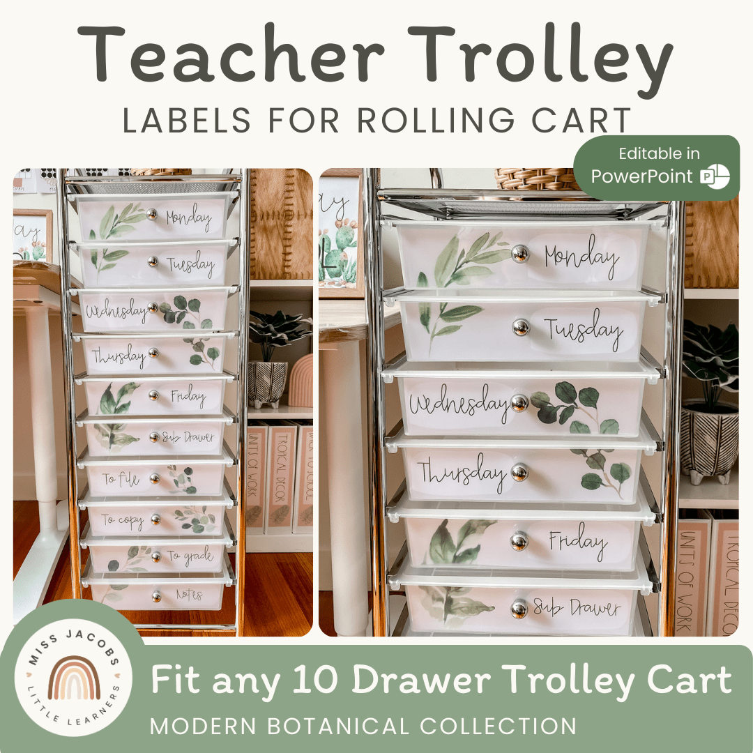 Teacher Trolley Labels for Rolling Cart - Botanical Decor