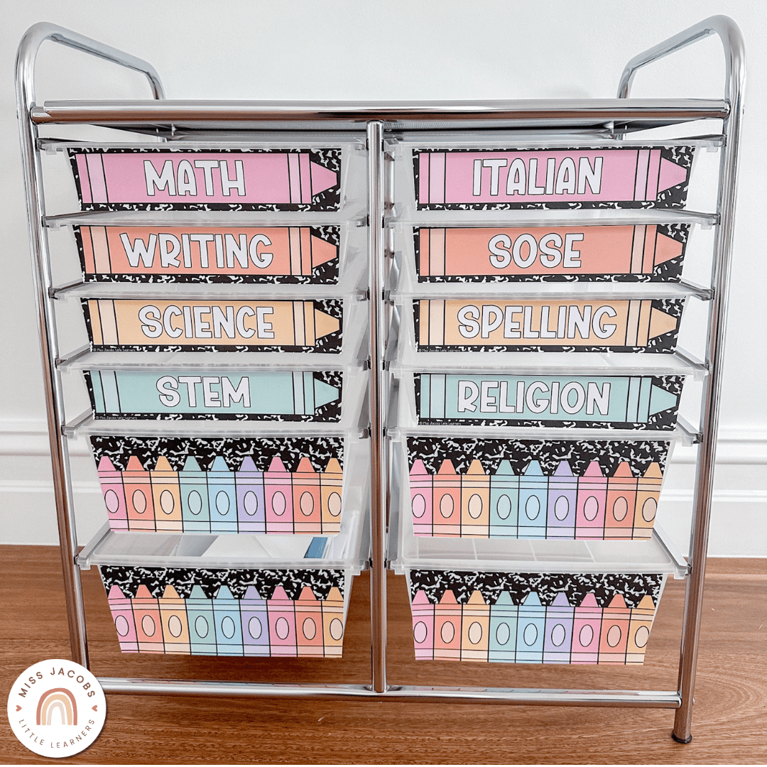 Teacher Trolley Labels for Rolling Cart - Cutesy Classroom Theme - MJLL