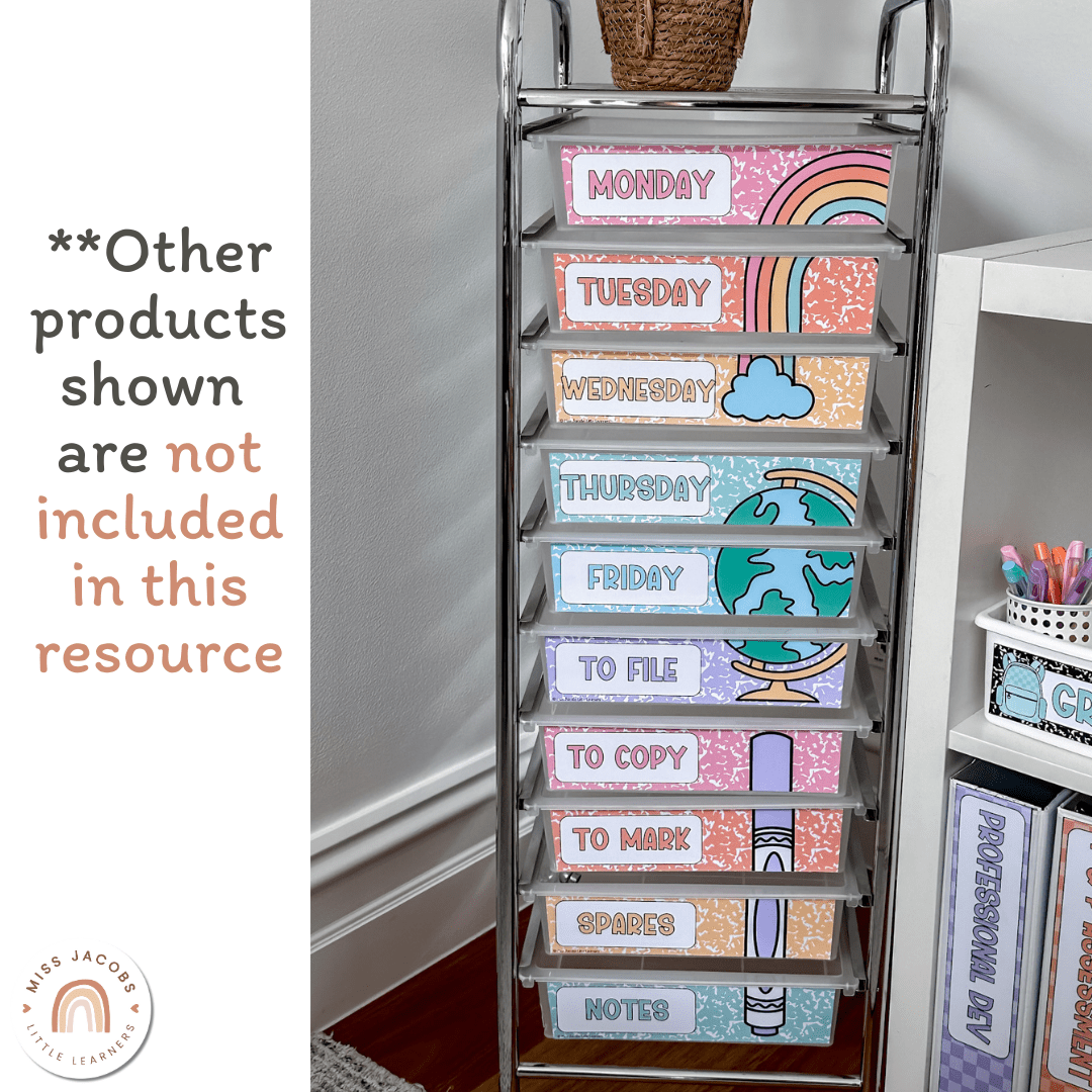 Teacher Trolley Labels for Rolling Cart - Cutesy Classroom Theme - MJLL