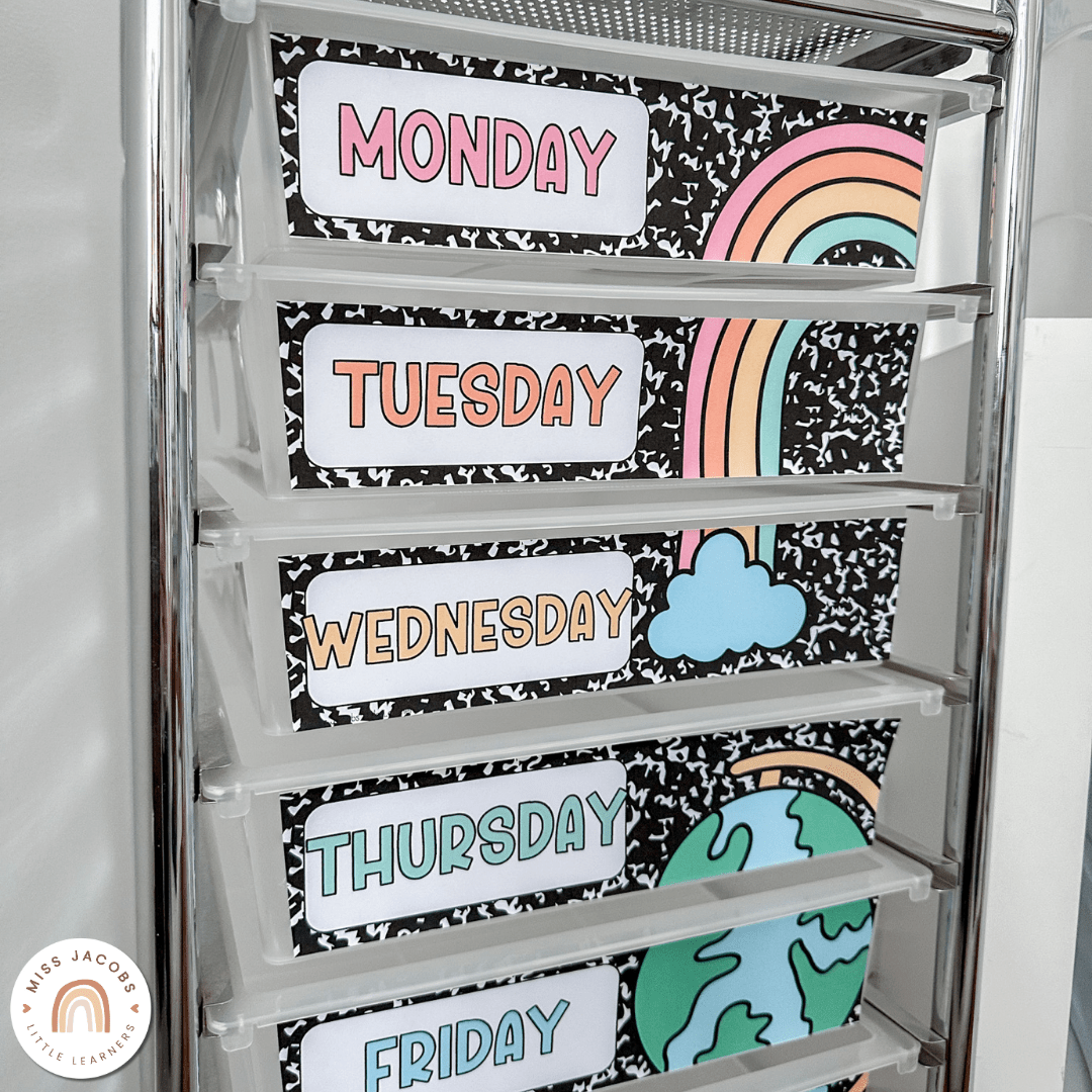 Teacher Trolley Labels for Rolling Cart - Cutesy Classroom Theme - MJLL