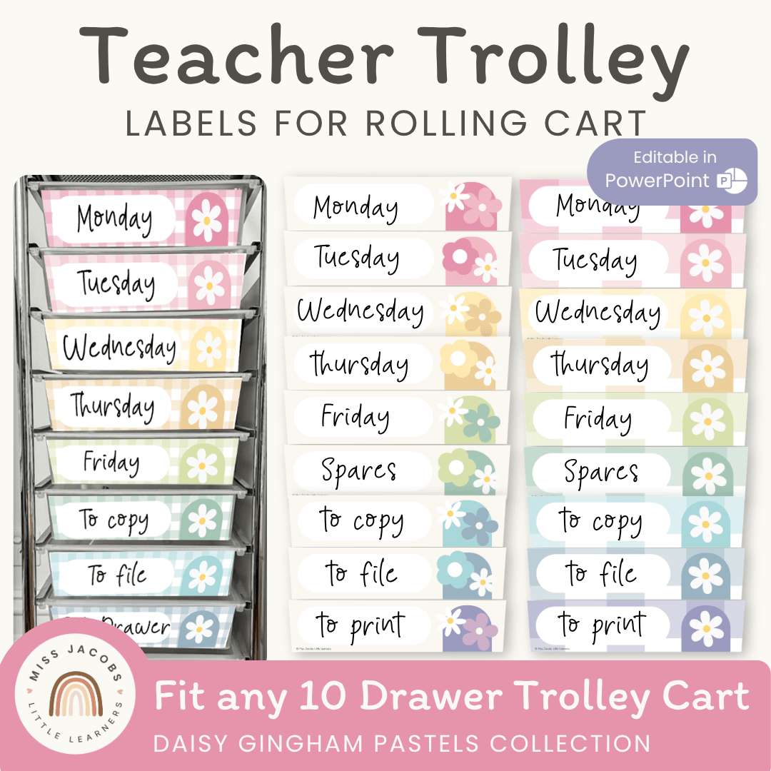 Teacher Trolley Labels for Rolling Cart - Daisy Gingham Pastels Decor ...