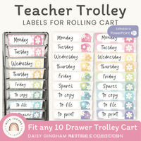 Teacher Trolley Labels for Rolling Cart - Daisy Gingham Pastels Decor ...