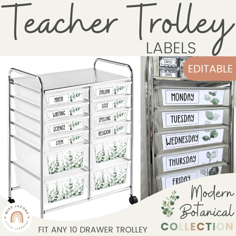 Teacher Trolley Labels for Rolling Cart - Modern Botanical - MJLL