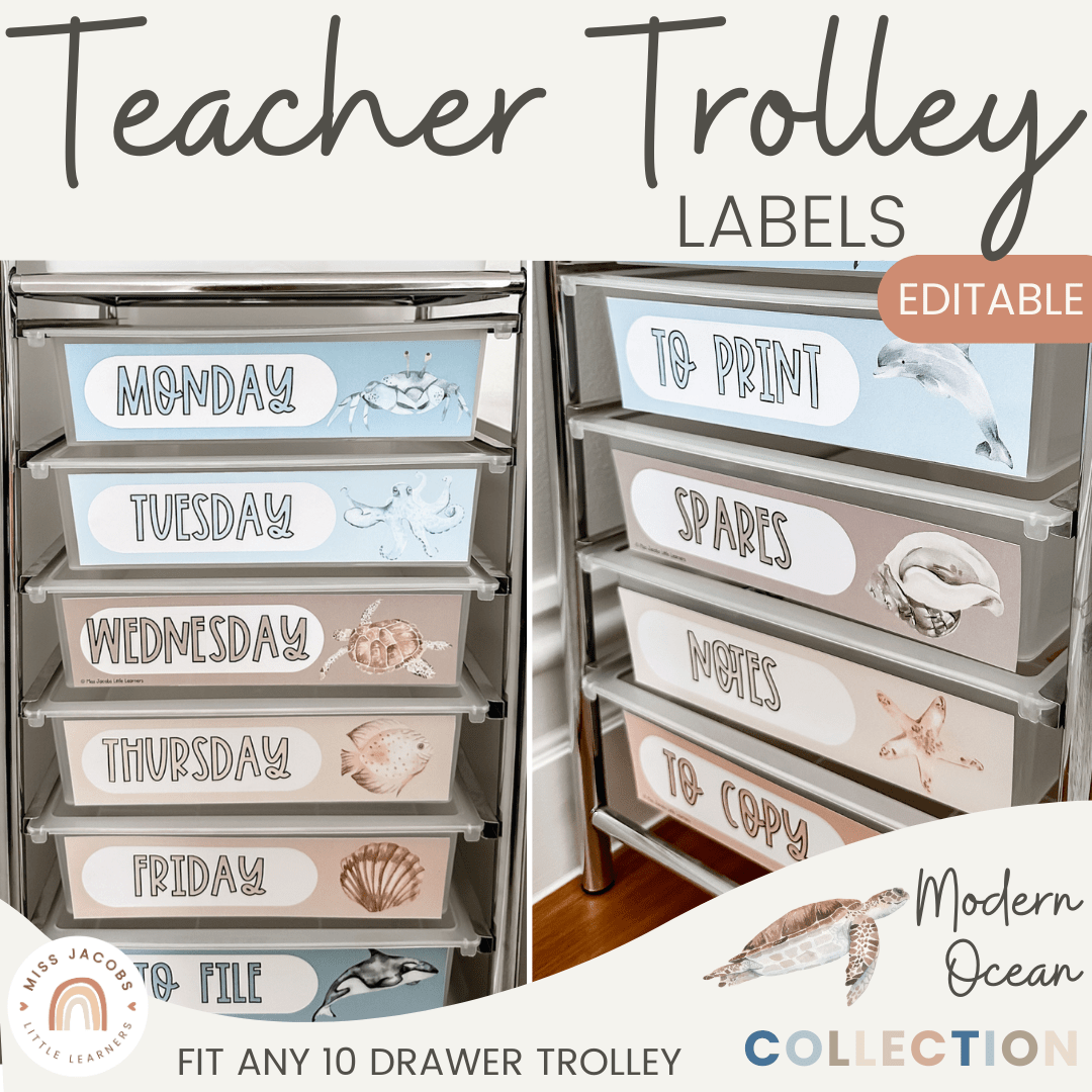 Teacher Trolley Labels for Rolling Cart - Modern Ocean Theme