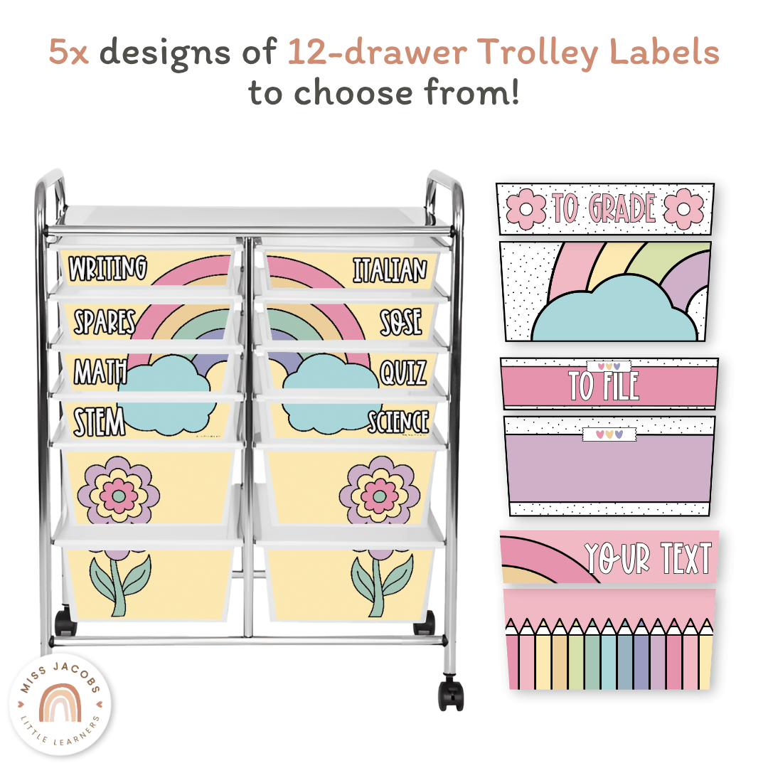 Teacher Trolley Labels for Rolling Cart - Spotty Pastel Theme - MJLL