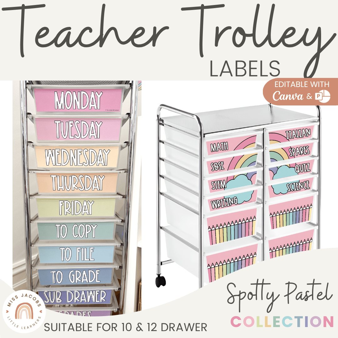 Teacher Trolley Labels for Rolling Cart - Spotty Pastel Theme - MJLL
