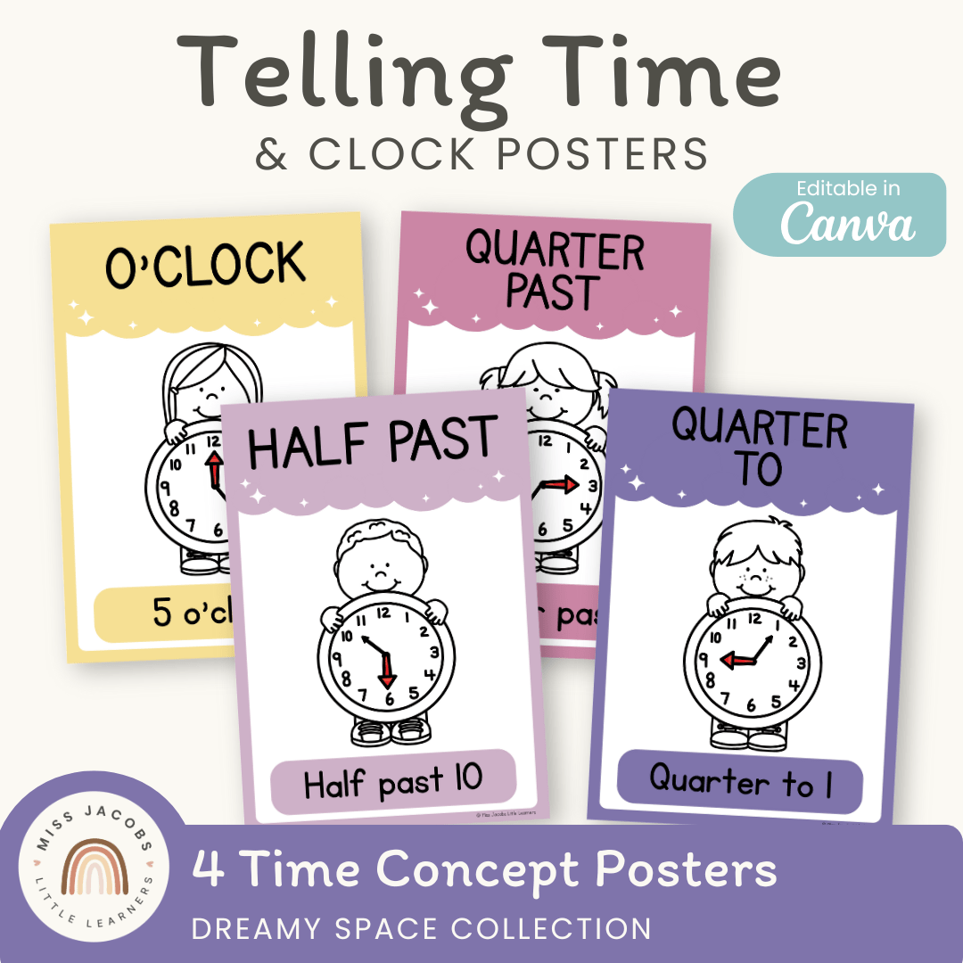 Telling Time and Clock Posters - Dreamy Space Theme - MJLL