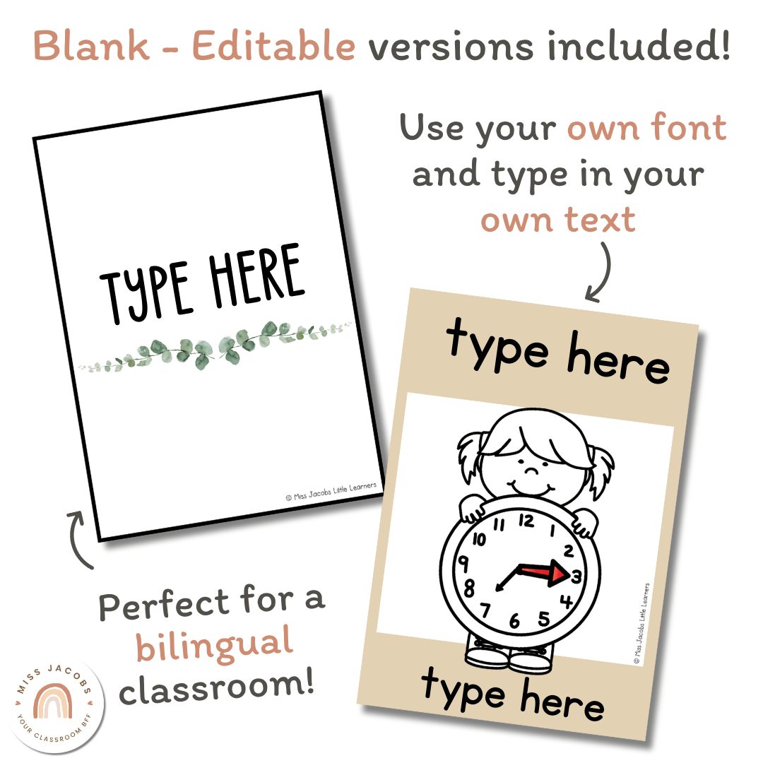 Telling Time and Clock Posters - Modern Botanical Theme - Miss Jacobs