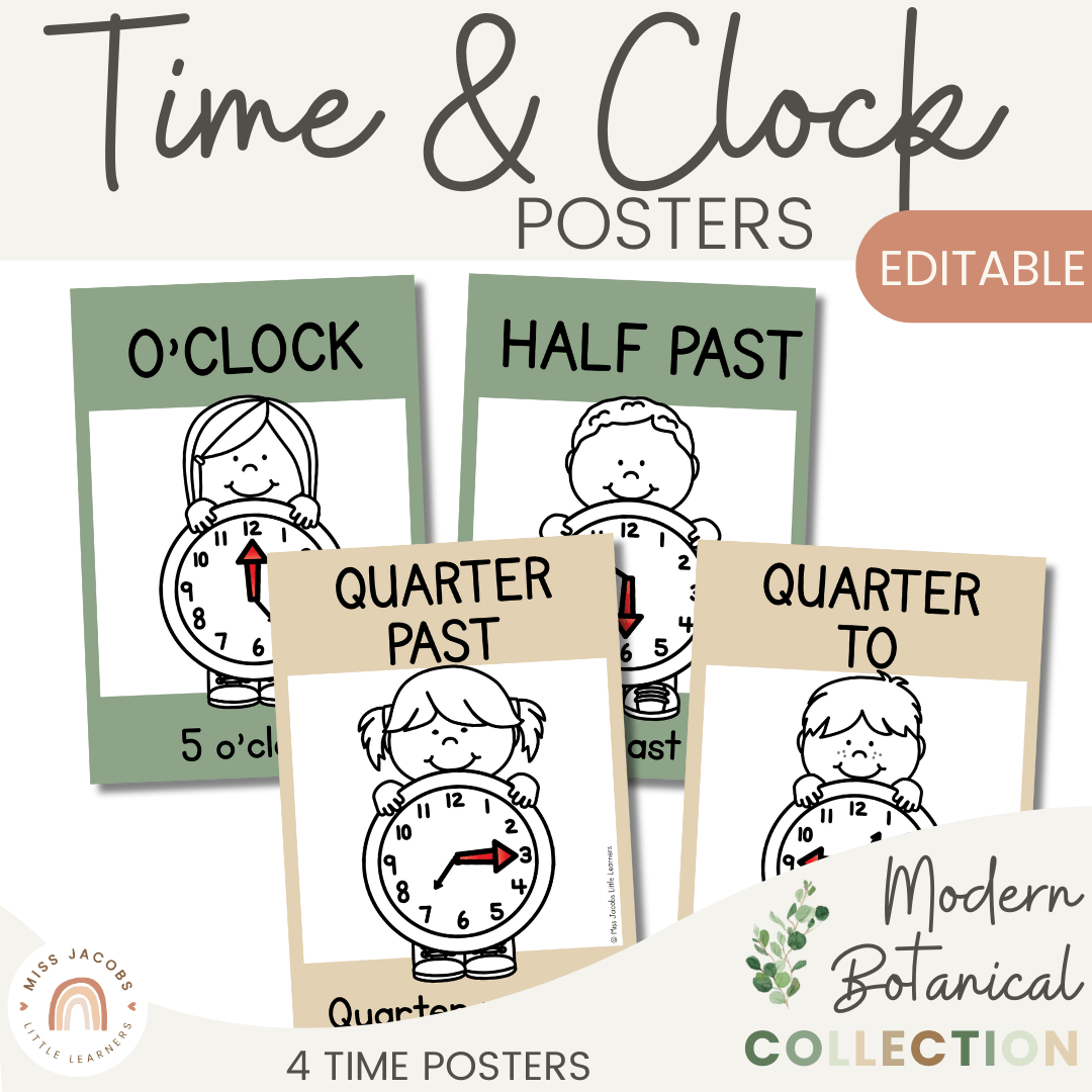 Telling Time and Clock Posters - Modern Botanical Theme - Miss Jacobs