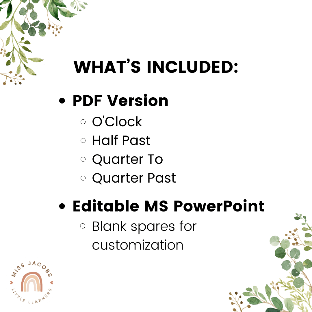 Telling Time and Clock Posters - Modern Botanical Theme - Miss Jacobs