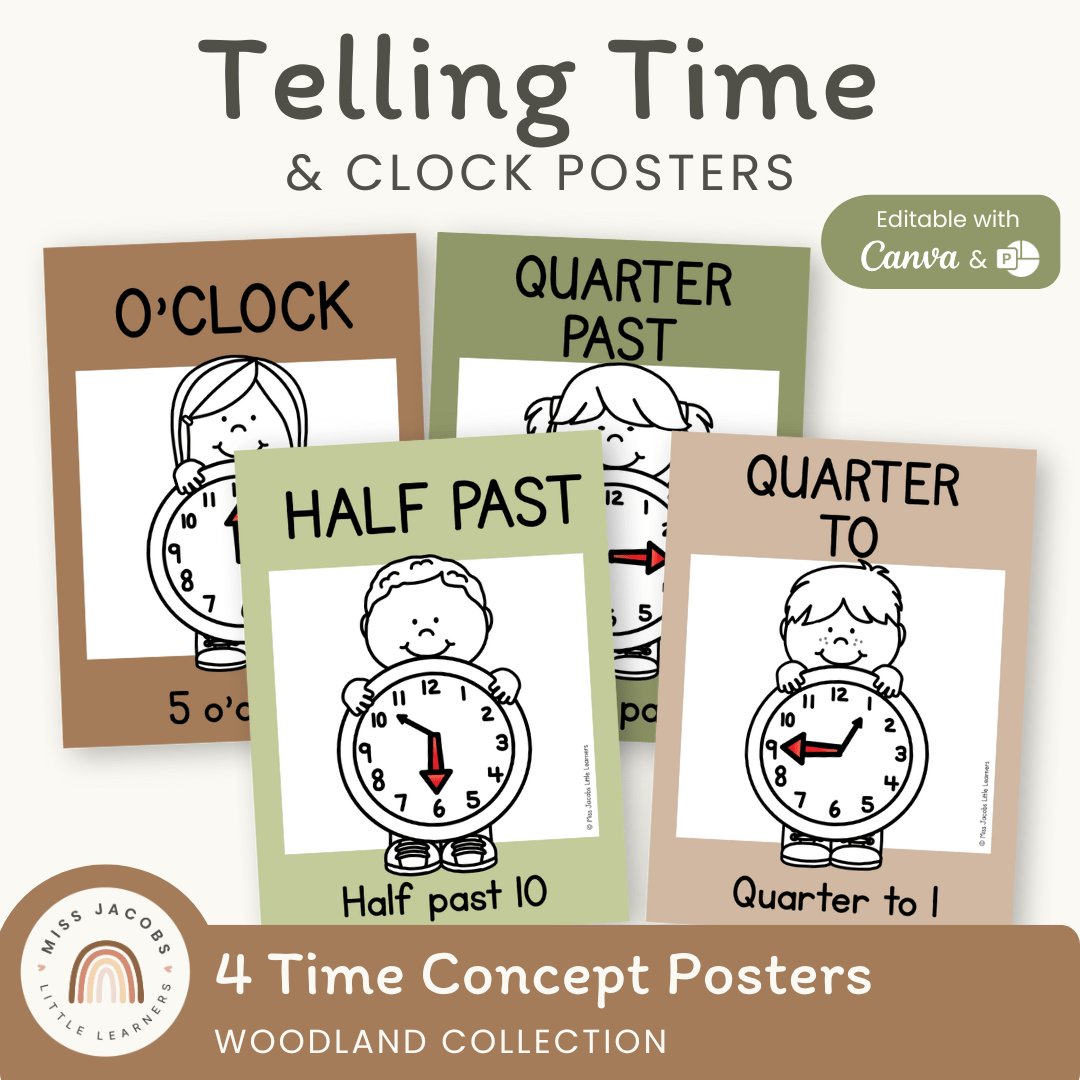 Telling Time and Clock Posters - Woodland Neutral Theme - MJLL