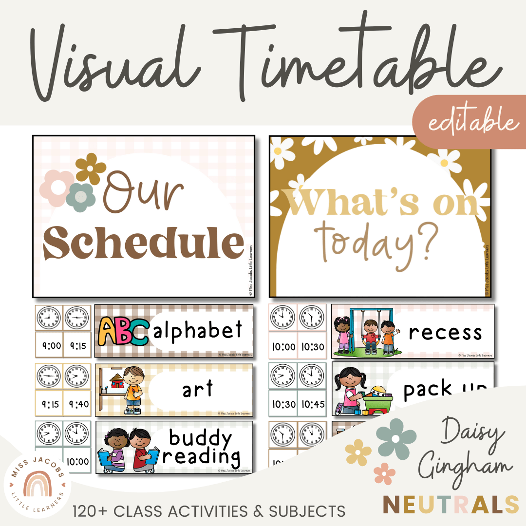 Visual Timetable Daily Schedule - Daisy Gingham Neutrals Decor