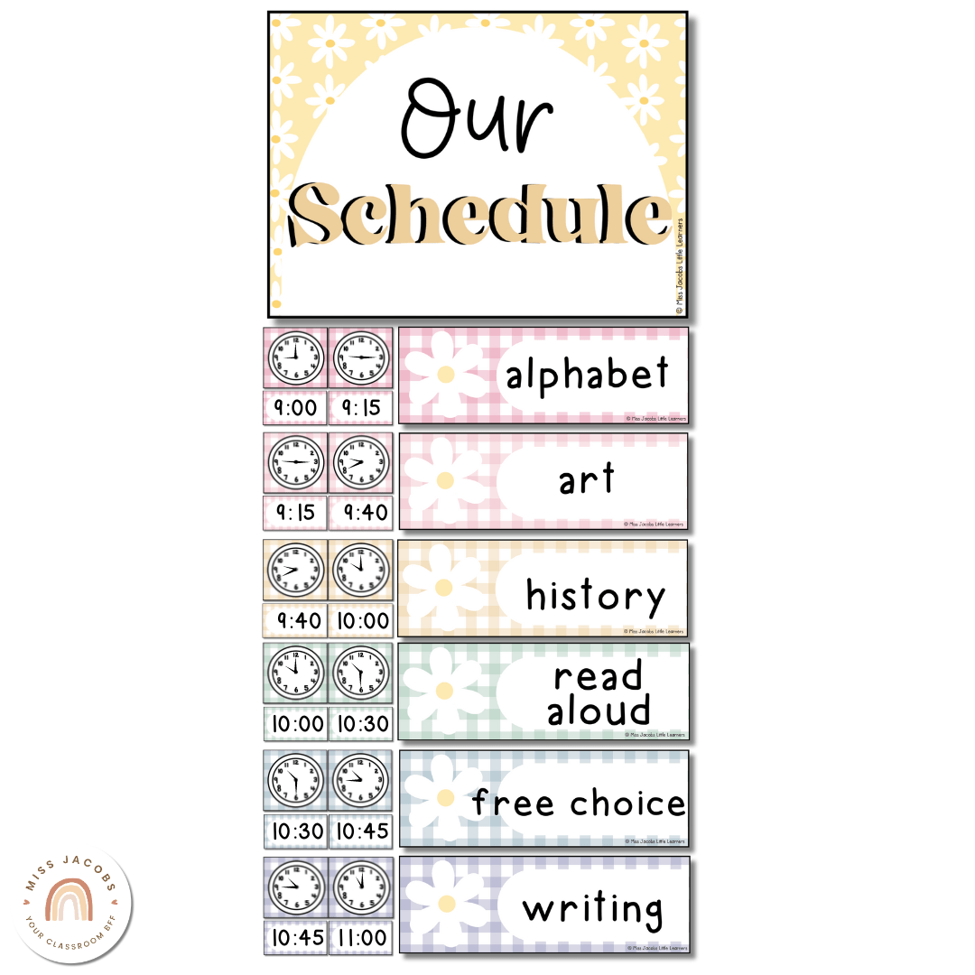 Visual Timetable Daily Schedule - Daisy Gingham Pastels Decor