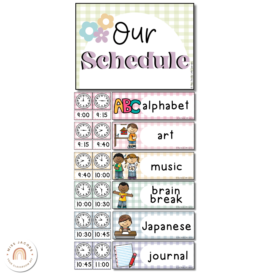 Visual Timetable Daily Schedule - Daisy Gingham Pastels Decor