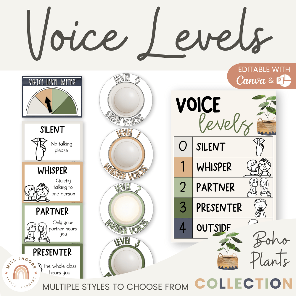 Voice Levels Chart - Boho Plants Classroom Decor