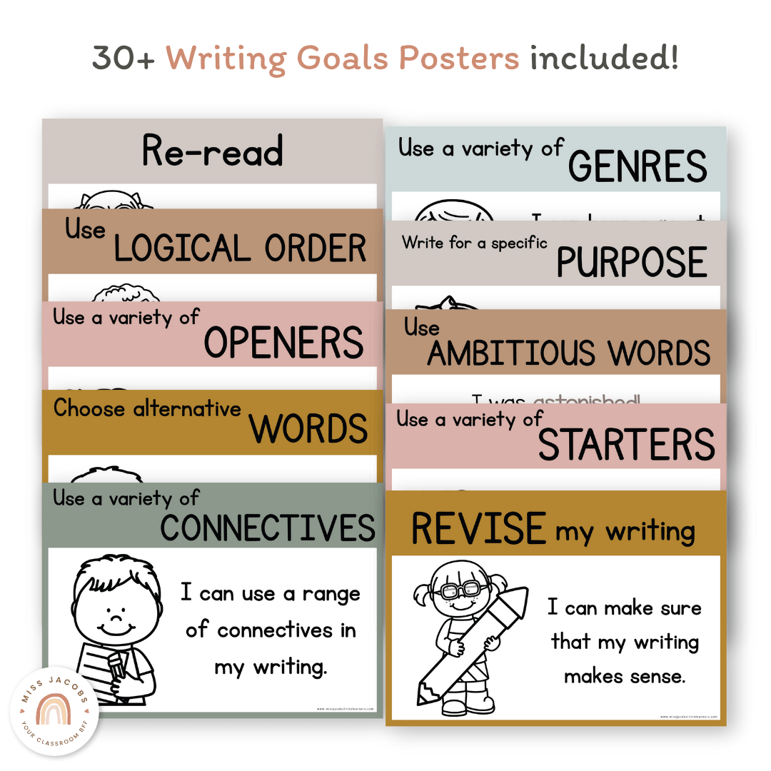 Writing Goals Posters | Neutral Toned Classroom Decor