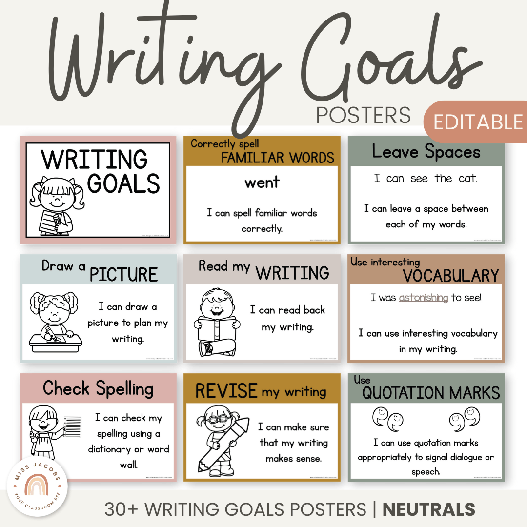 Writing Goals Posters | Neutral Toned Classroom Decor
