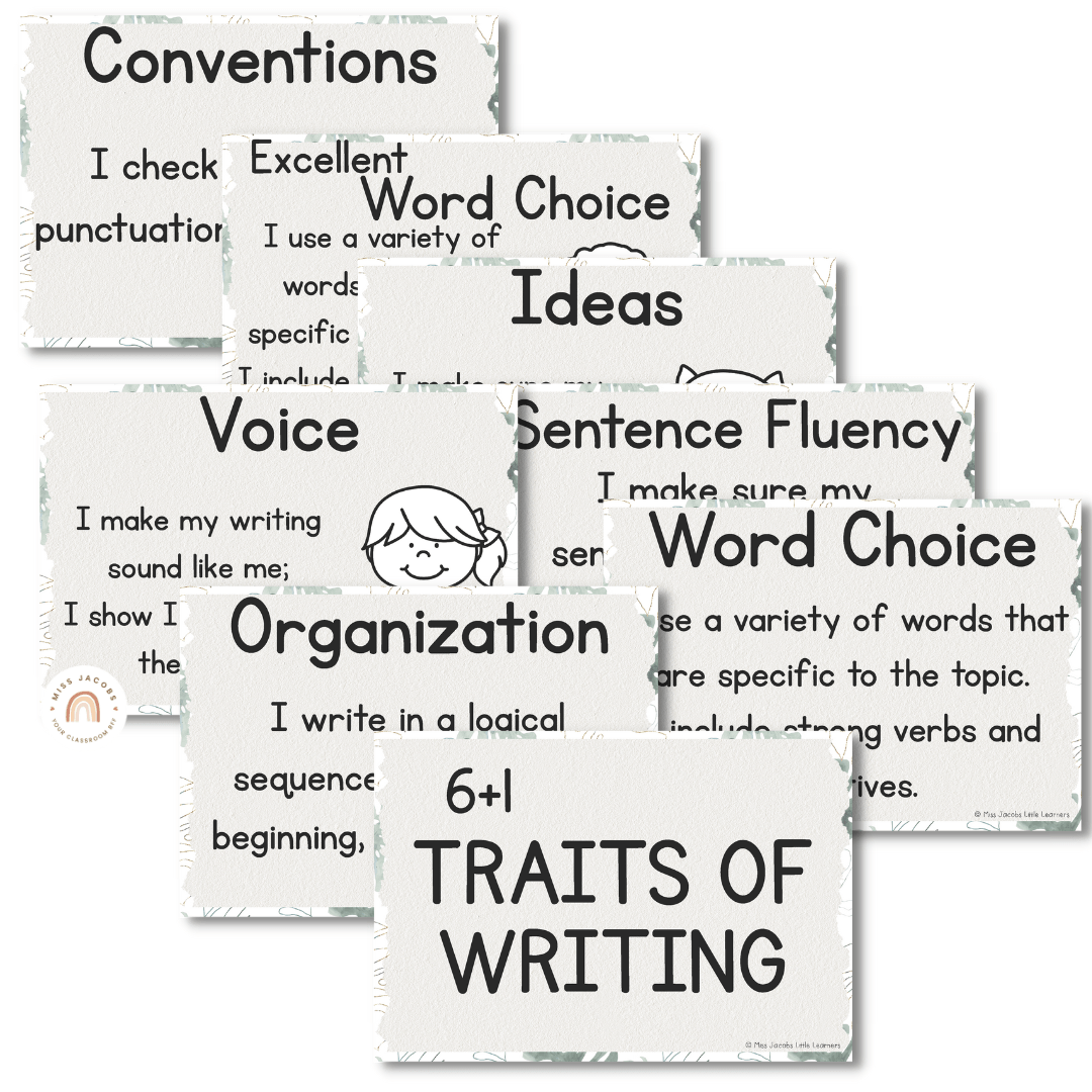 6 + 1 Traits of Writing Posters - Modern Jungle Classroom Decor