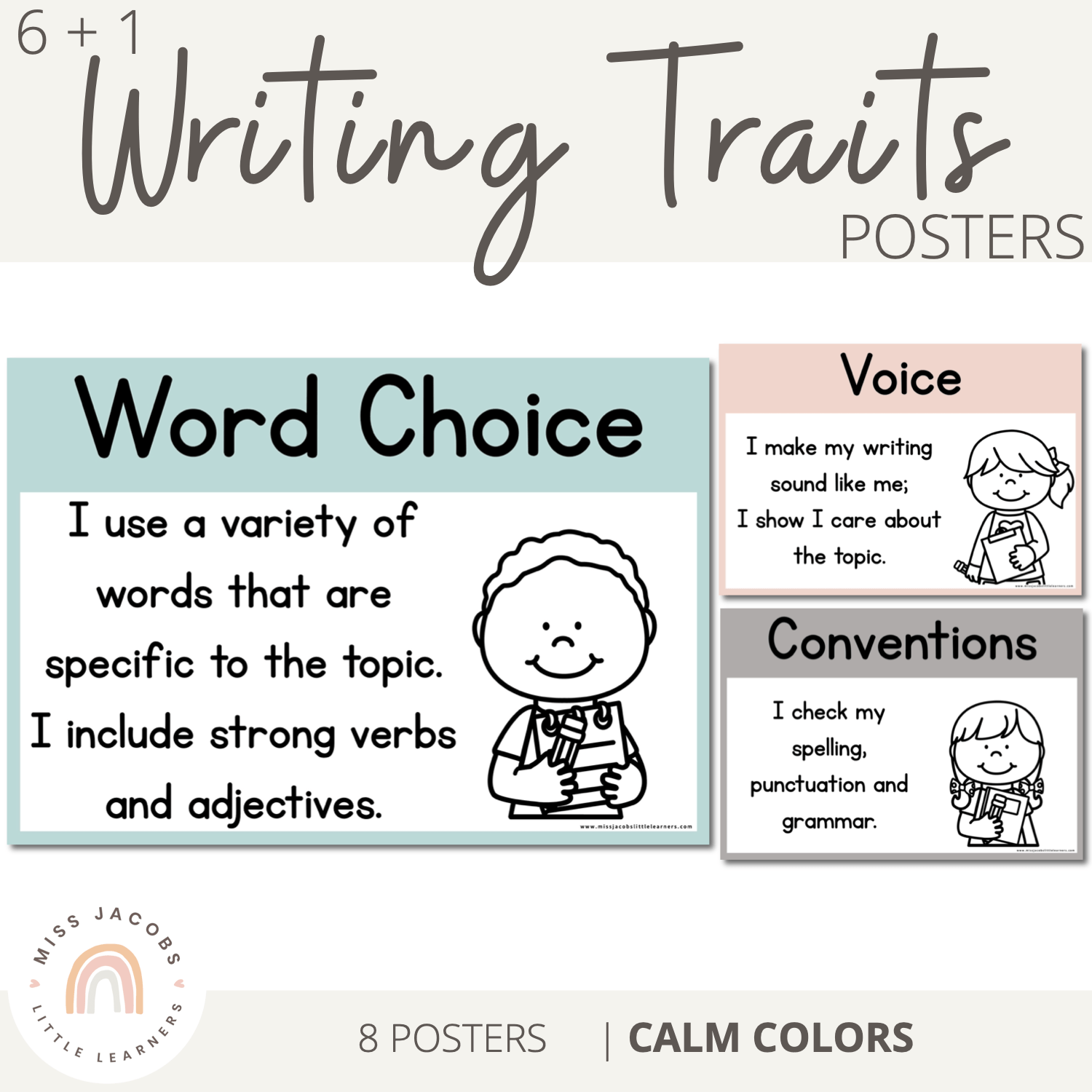 6 + 1 Traits of Writing Posters - Rainbow Calm Colors