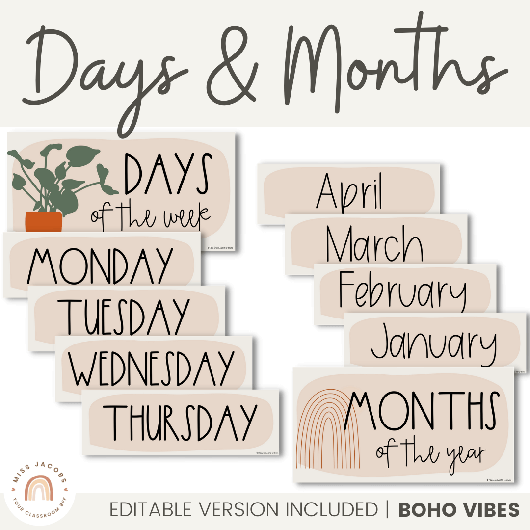 Days and Months Flashcards - Modern BOHO VIBES Classroom Decor