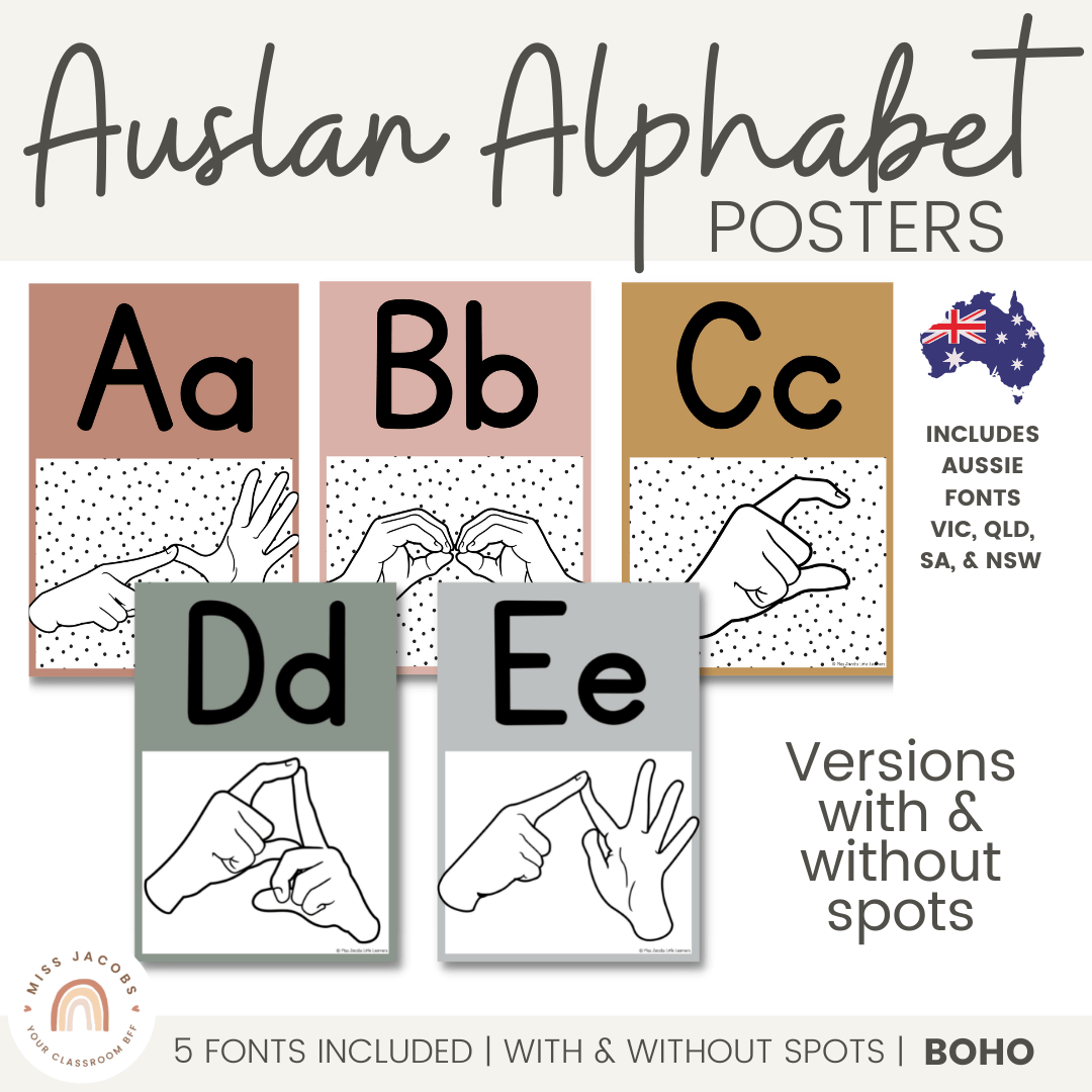 Auslan Alphabet Posters - Boho Rainbow Neutrals Theme - Miss Jacobs