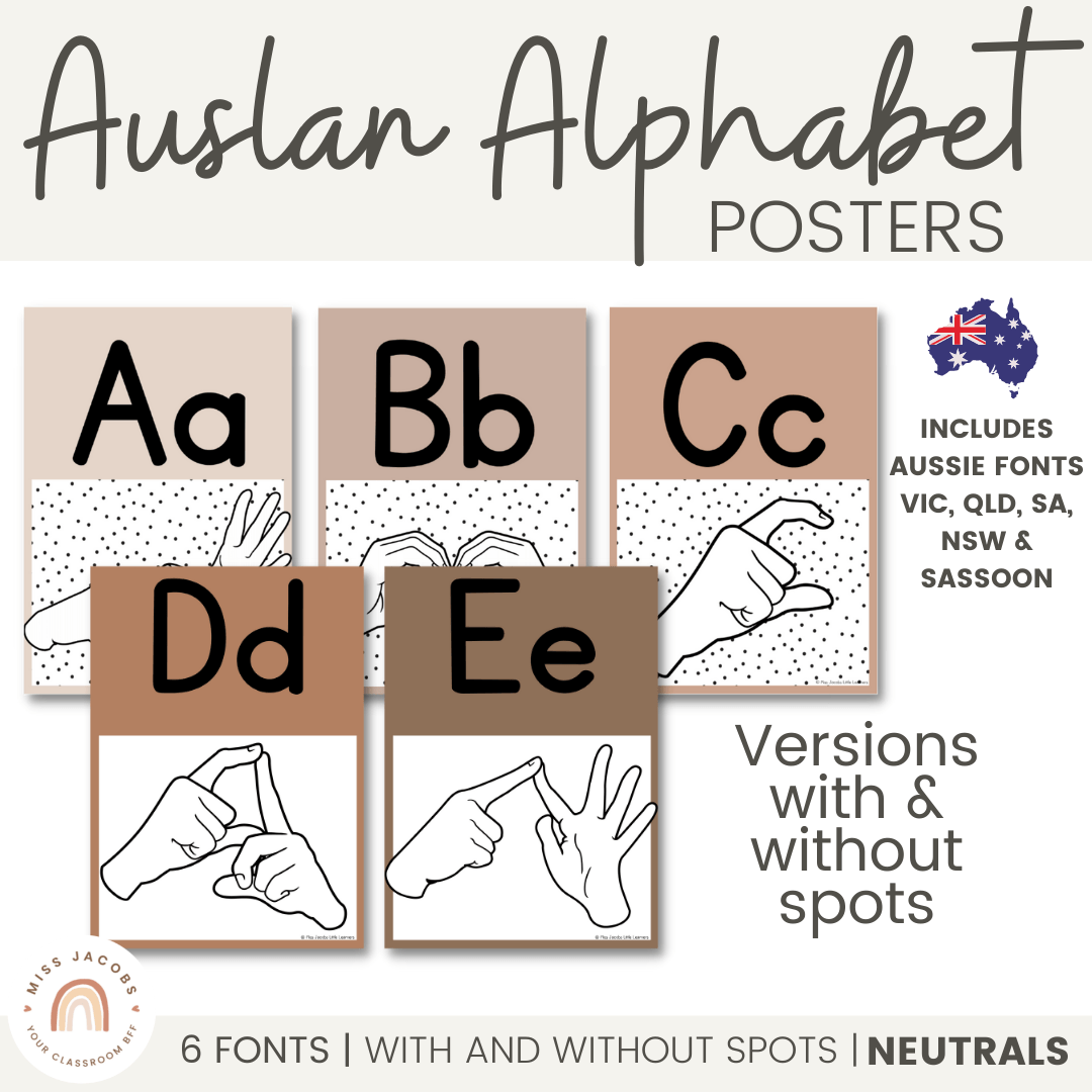 Auslan ALPHABET POSTERS | NEUTRALS THEME | WITH AND WITHOUT SPOTS