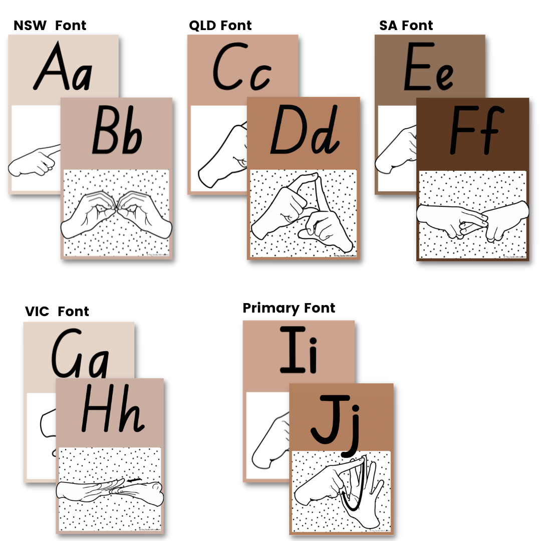 Auslan ALPHABET POSTERS | NEUTRALS THEME | WITH AND WITHOUT SPOTS