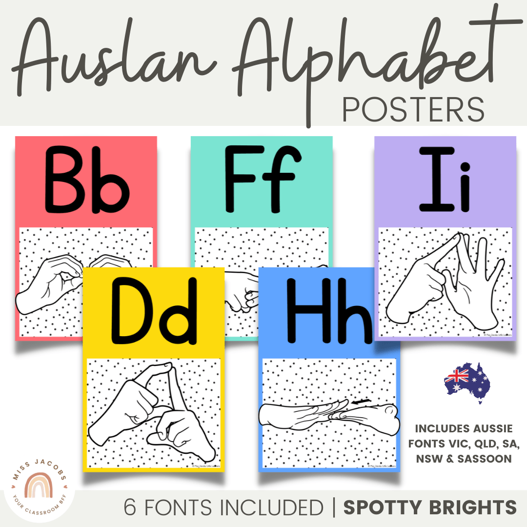 Auslan Alphabet Posters - Australian Sign Language - Spotty Bright - MJLL