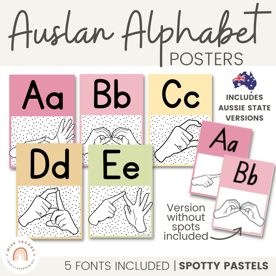 Auslan Alphabet Posters - Australian Sign Language - Spotty Pastel