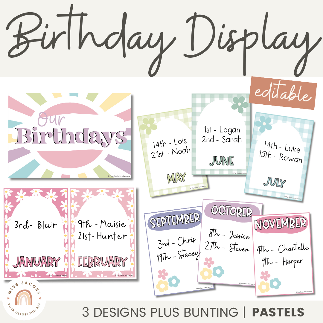 Birthday Display | Daisy Gingham Pastels Classroom Decor | Editable ...